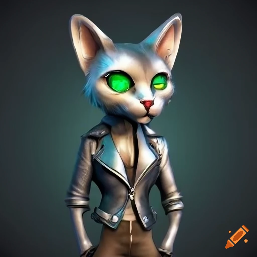 Stylized anthropomorphic cat with silver metallic fur and emerald green ...