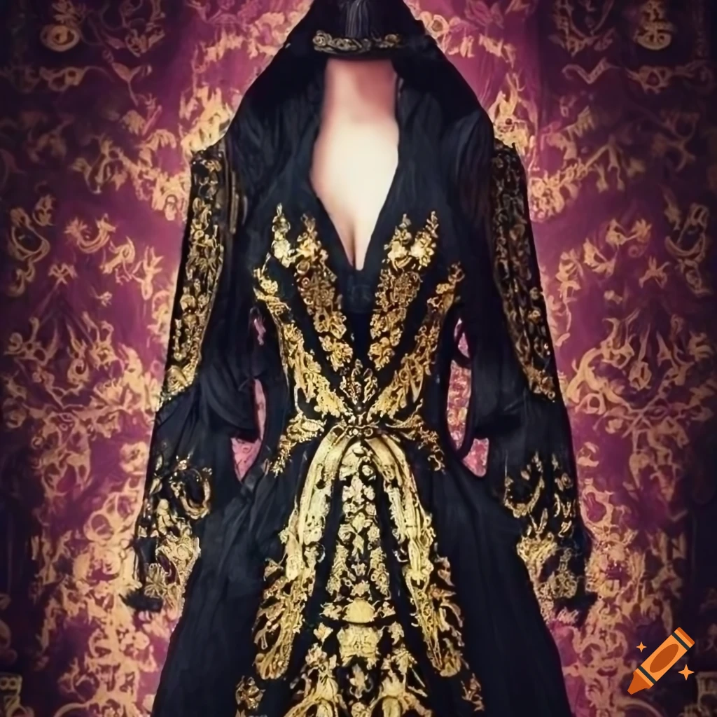 Dark cult robe with gothic gold design and pink crystals on Craiyon