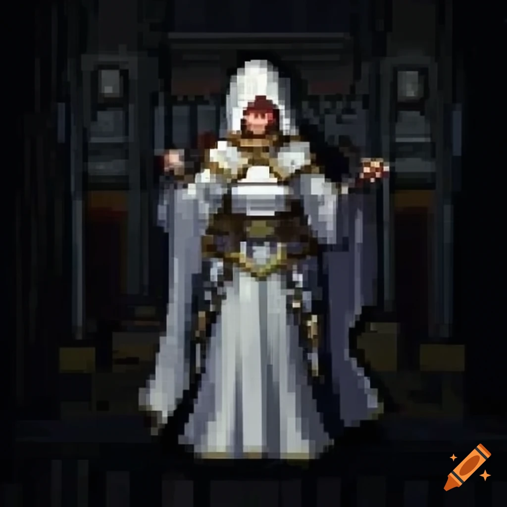Pixel Art Of A Female Cleric In Ornate Armor And White Hood On Craiyon
