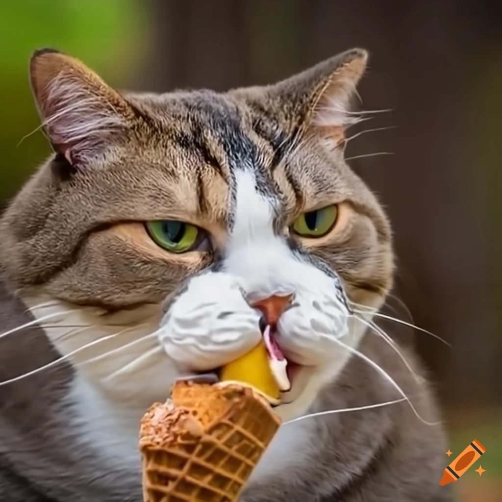 Chubby giant cat enjoying ice cream on Craiyon