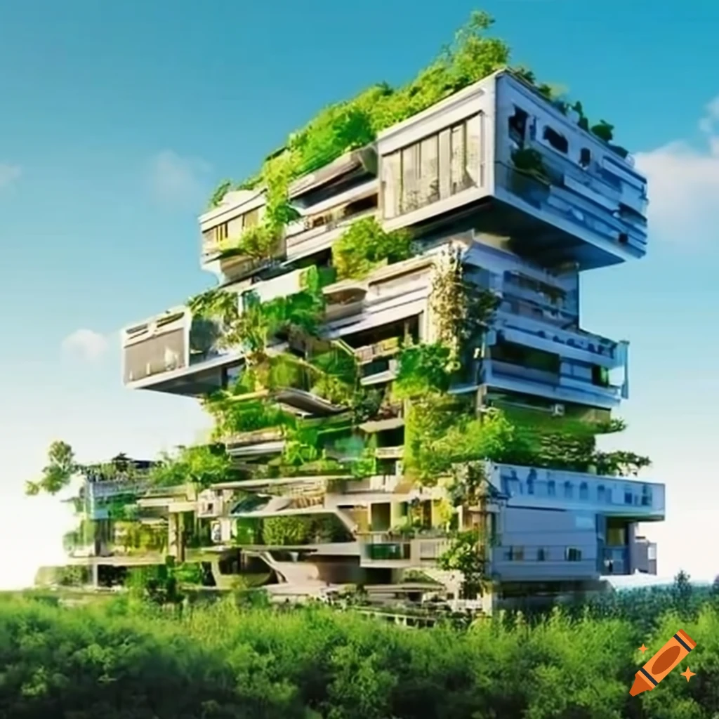 Futuristic high rise container housing with greenery and garden on Craiyon