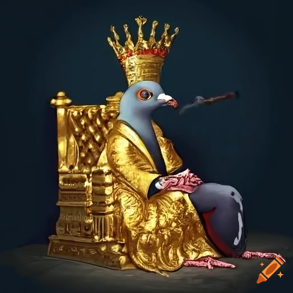 Pigeon on a golden throne wearing royal garments and a crown on Craiyon