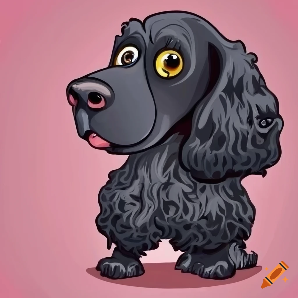 Black cartoon cocker spaniel near a letter T on Craiyon