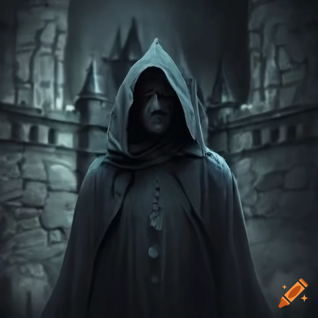 Hooded dark wizard standing behind a creepy castle on Craiyon