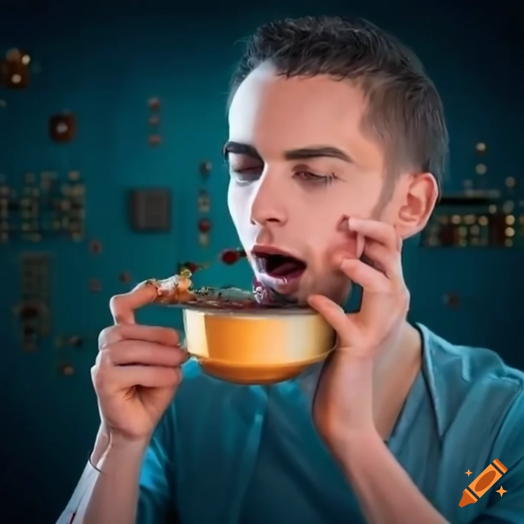 Computer guy eating electronic module soup on Craiyon
