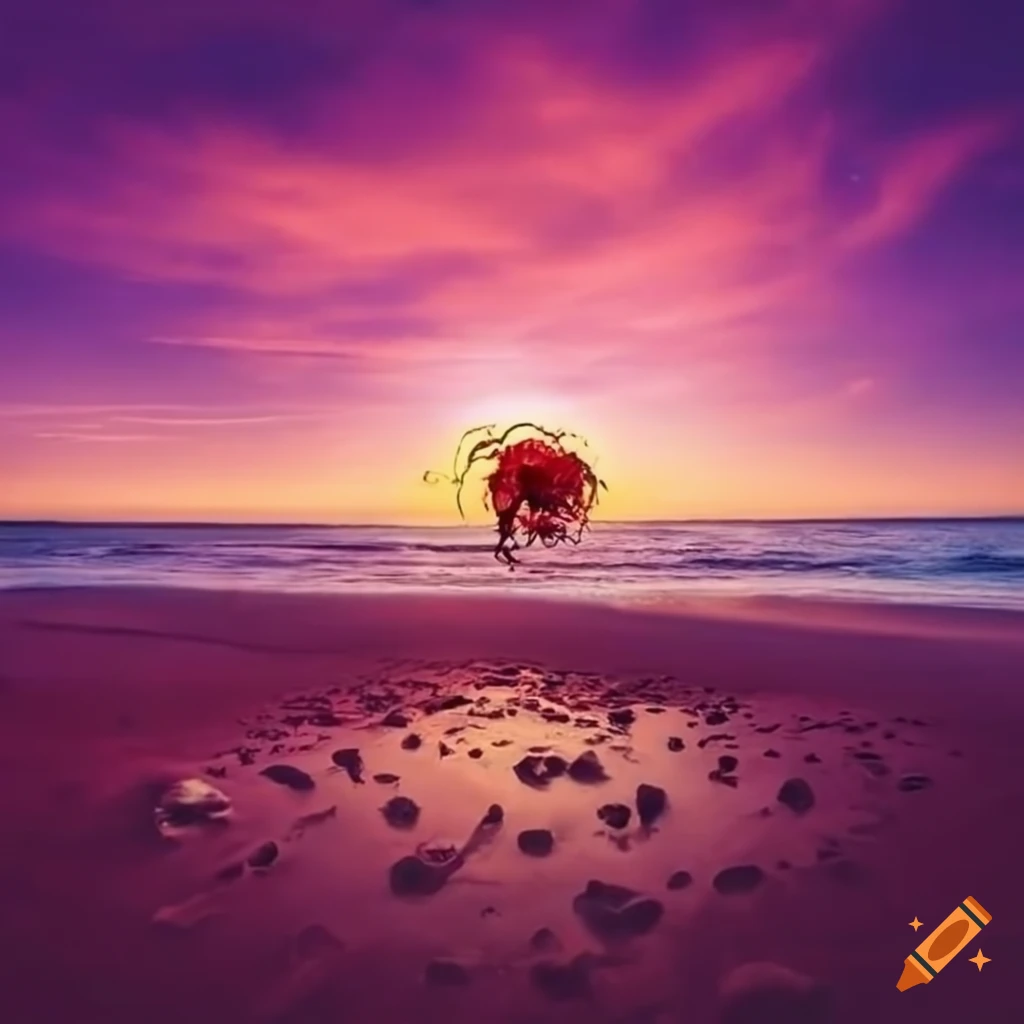 Idyllic red sand beach at sunset with a dying rose painted parasol on ...