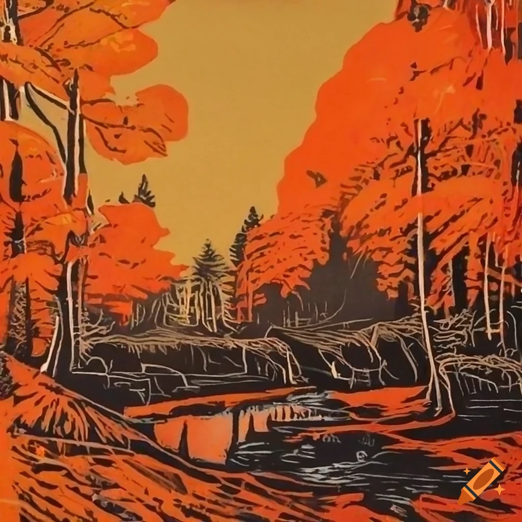 Pine river linocut in fall season on Craiyon