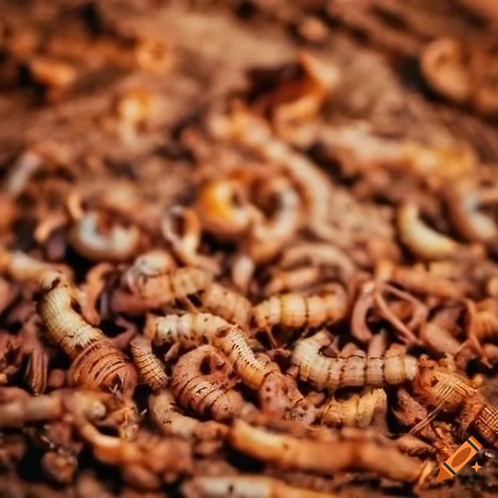 Hundreds of larvae eating rust in the desert with rusty smoke on Craiyon