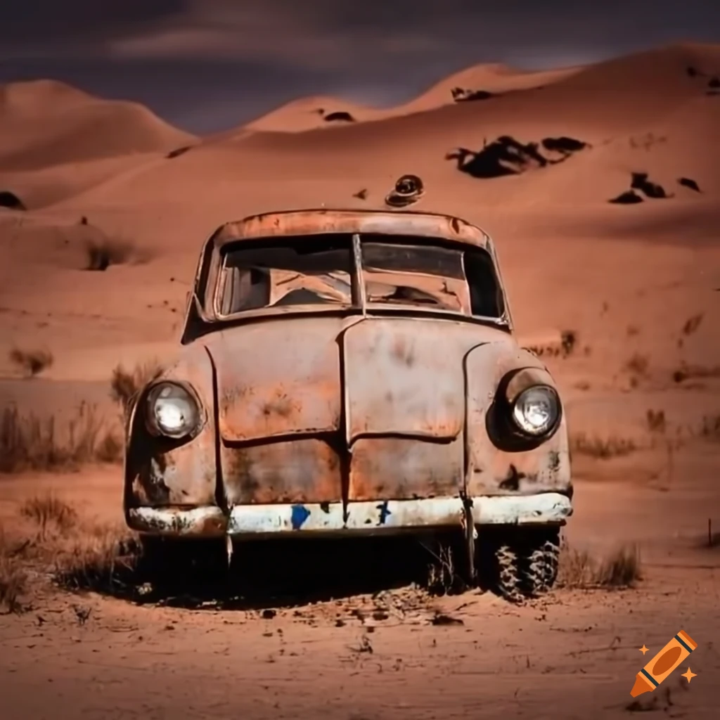 Old rusty czechoslovakian car in a desert setting on Craiyon