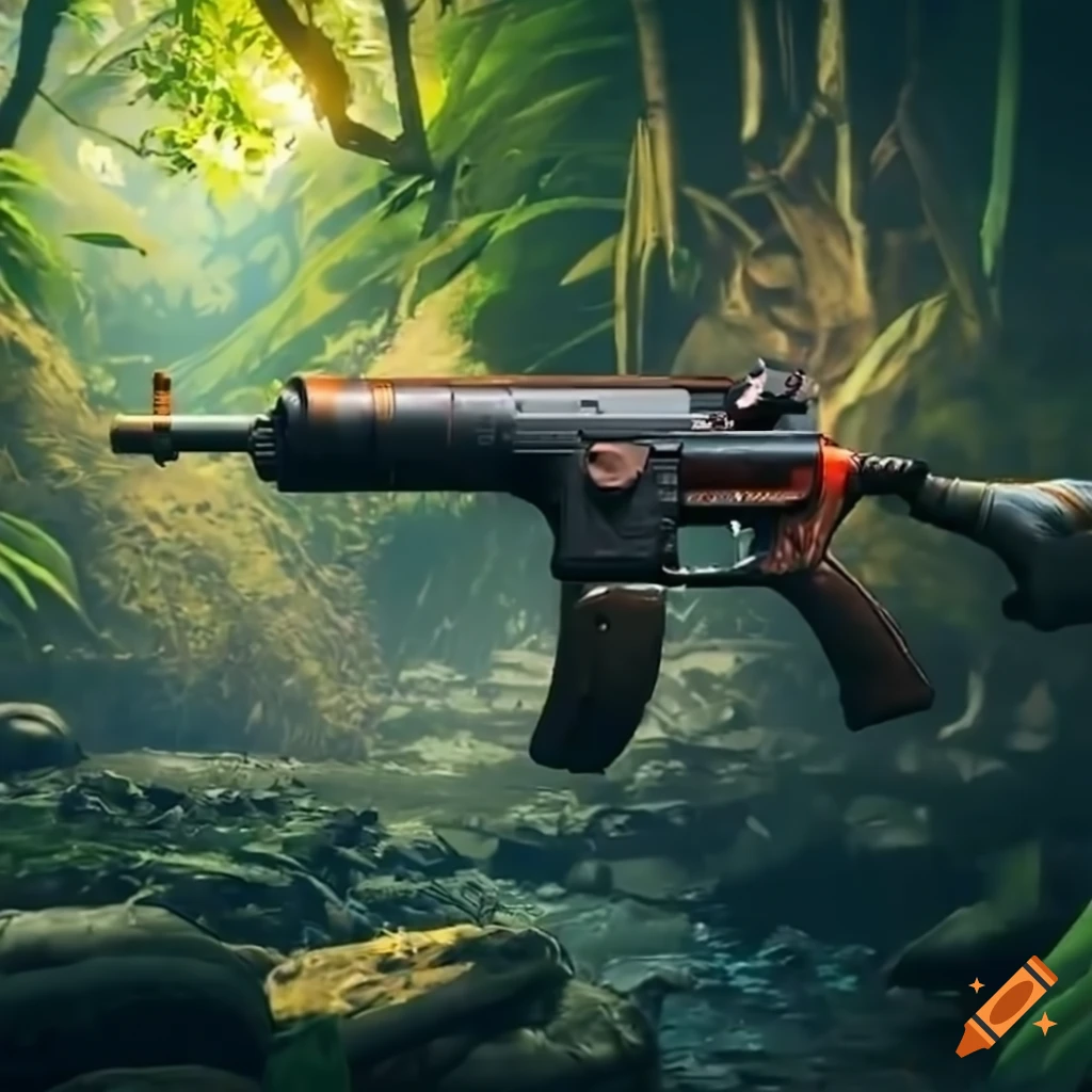 Gaming gun in jungle setting near a river on Craiyon