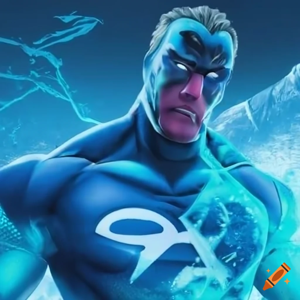 Blue superhero frozen in liquid nitrogen form on Craiyon