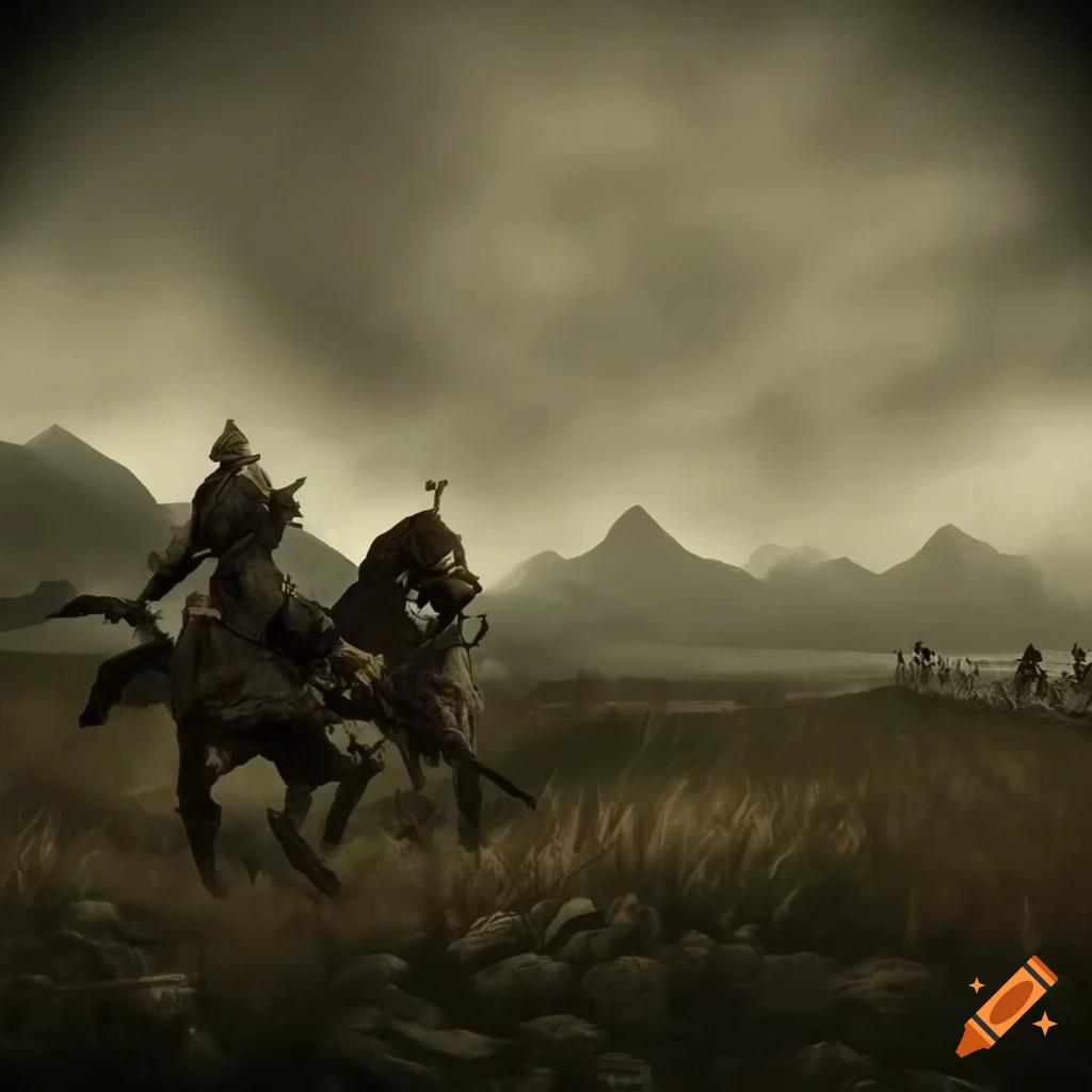 Medieval war general overlooking a dramatic battlefield with smoking ...