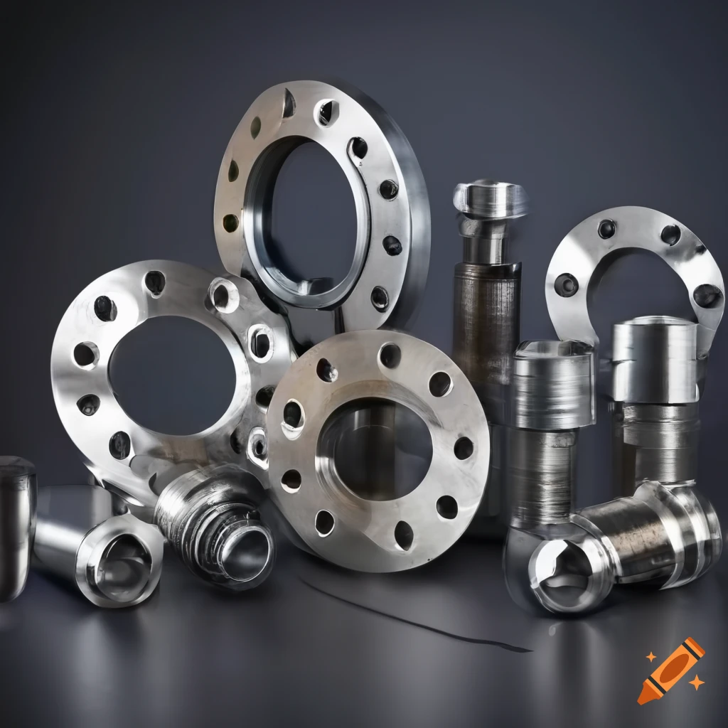Multiple flanges and fittings on a dark background on Craiyon