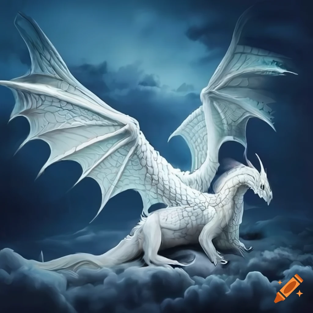 Majestic white dragon sleeping on clouds in romantic fantasy style on ...