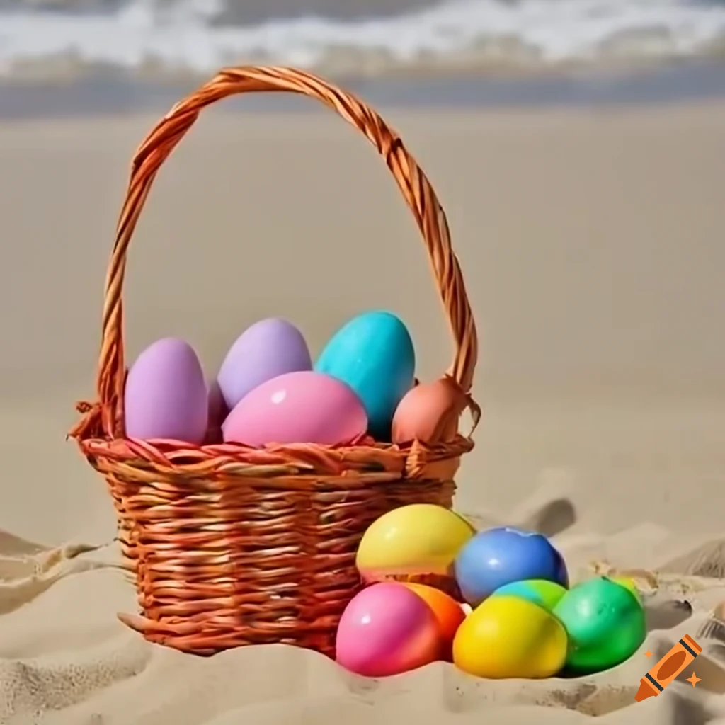 Colorful easter basket with eggs and candy on sunny beach sand on Craiyon