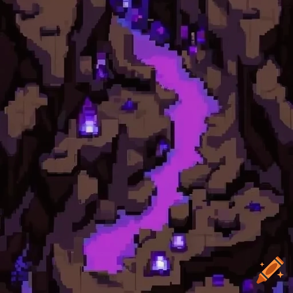 Detailed top-down pixel art rpg map of winding cave passages with purple crystals on Craiyon