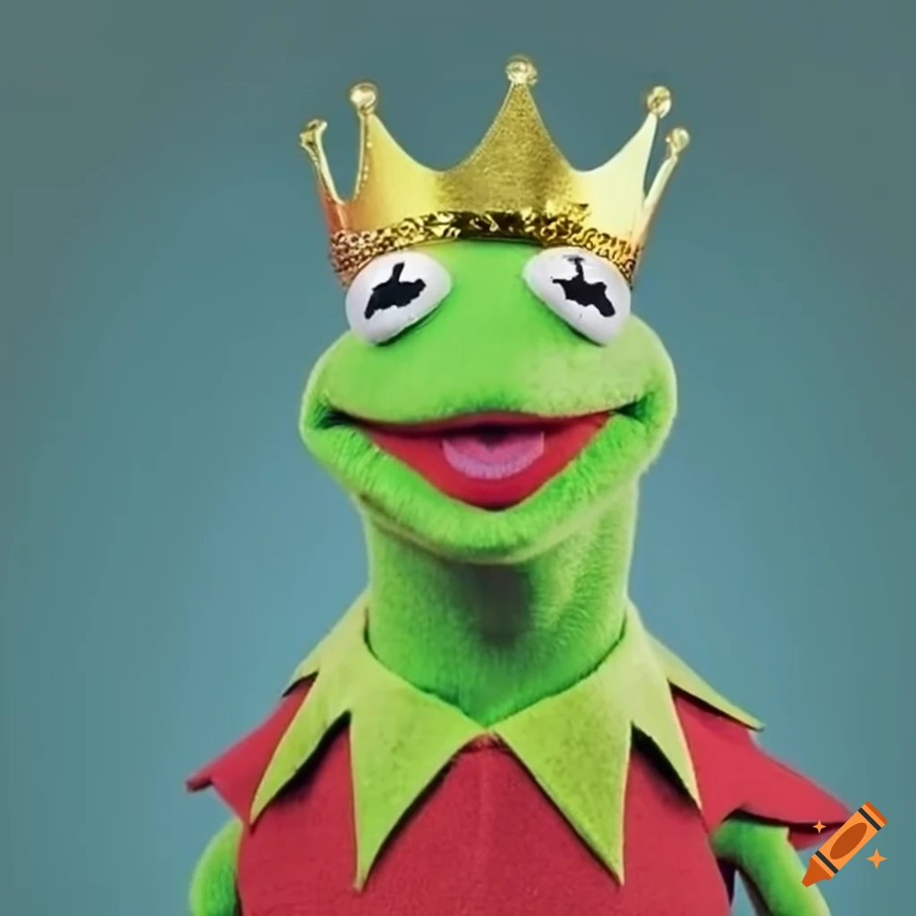 Kermit the frog with a golden crown and red cape on Craiyon