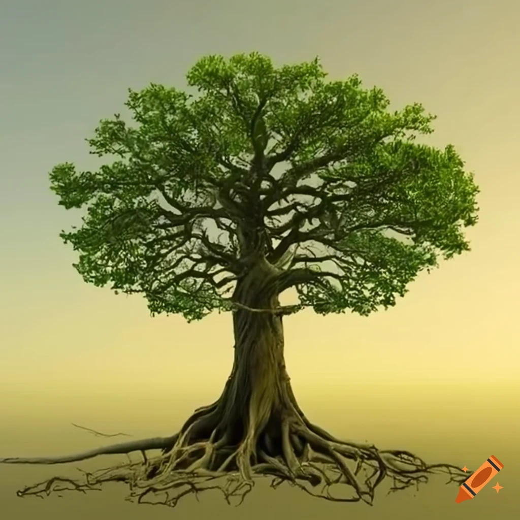 Mighty ancient oak tree with twisted branches and roots on Craiyon