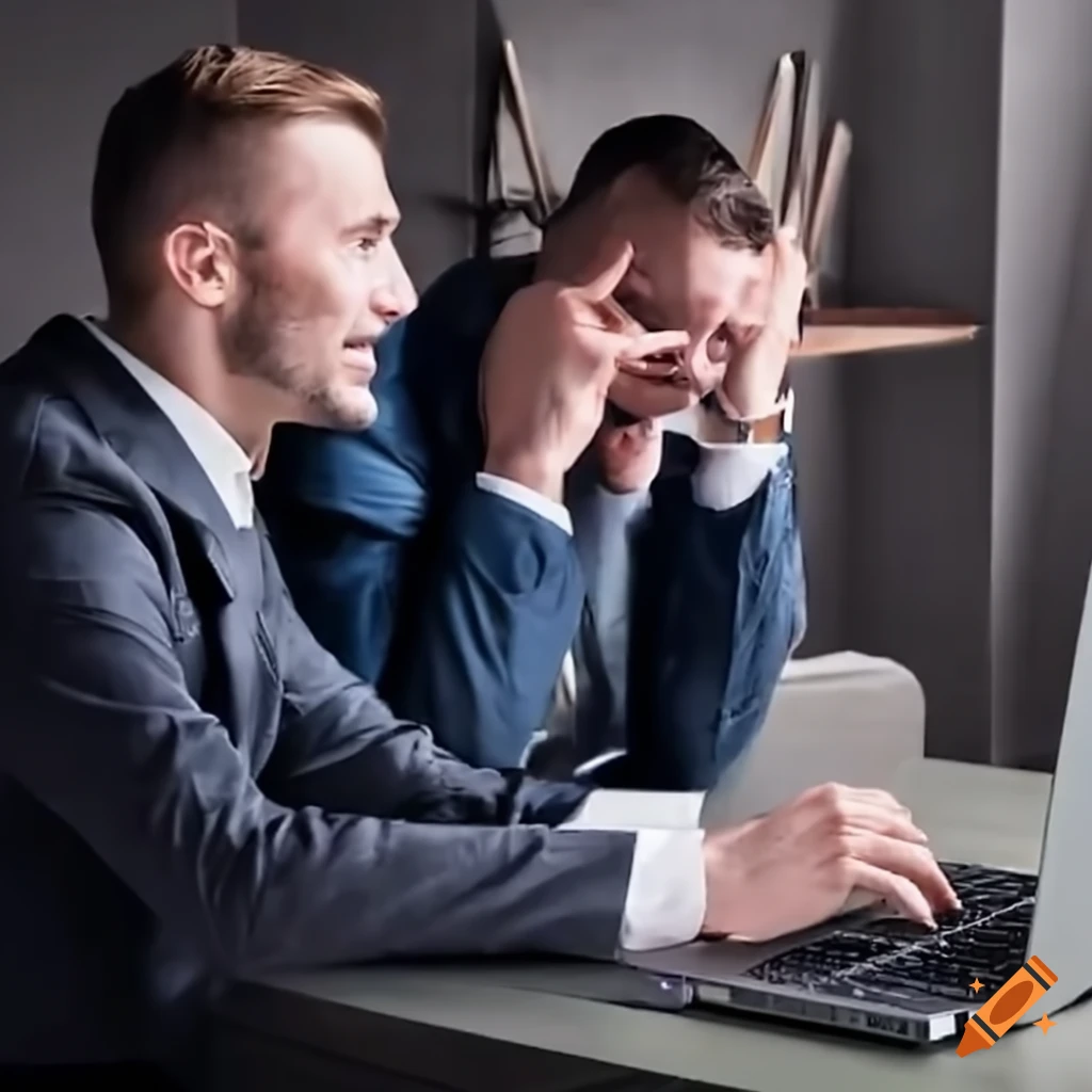 Three men in suits sitting behind a laptop on Craiyon