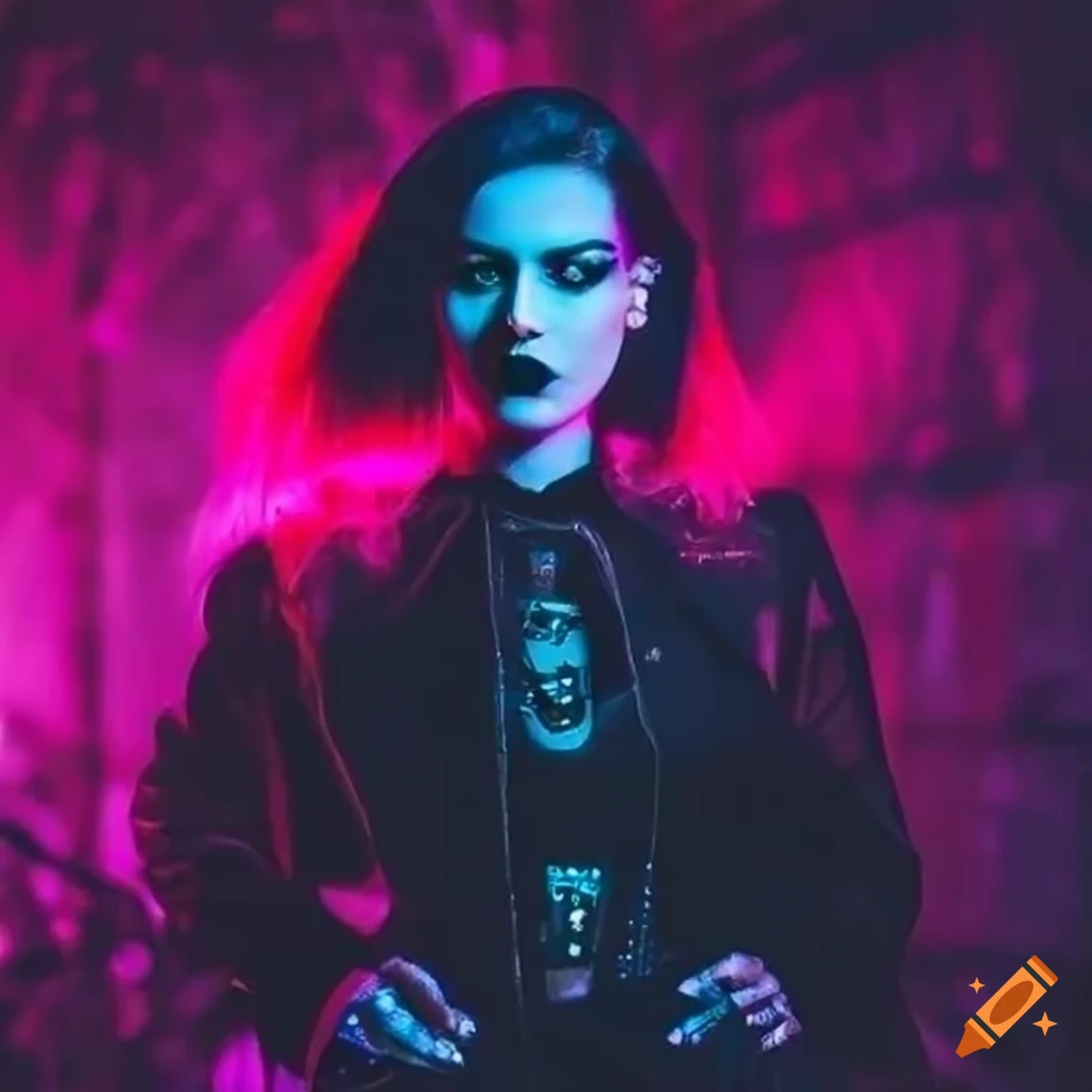Goth woman standing in a vibrant neon city nightscape on Craiyon