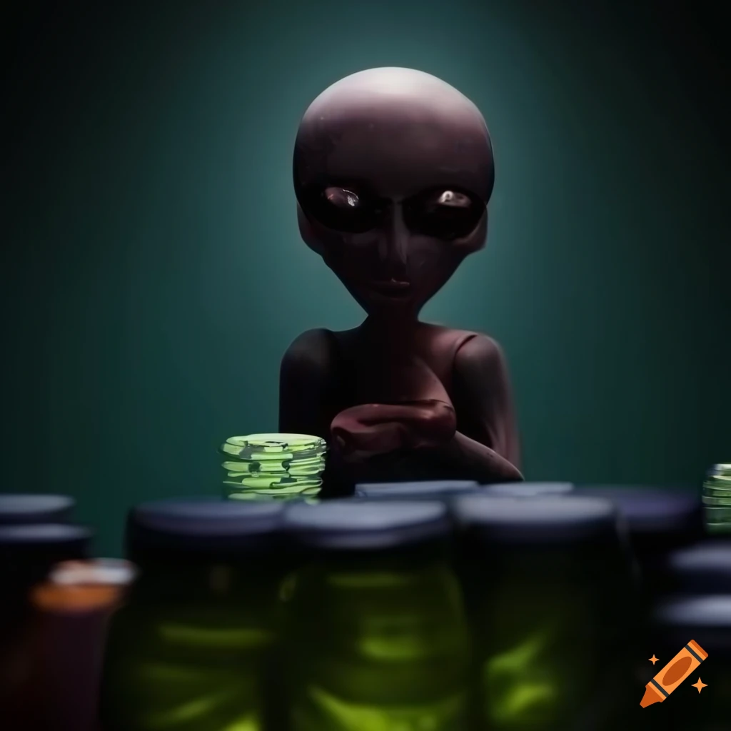 Alien in sunglasses playing poker in a atmospheric room with cucumber ...