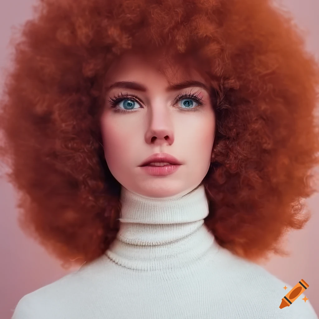 Portrait Of A Beautiful Redhead Woman With A Massive Afro In A White