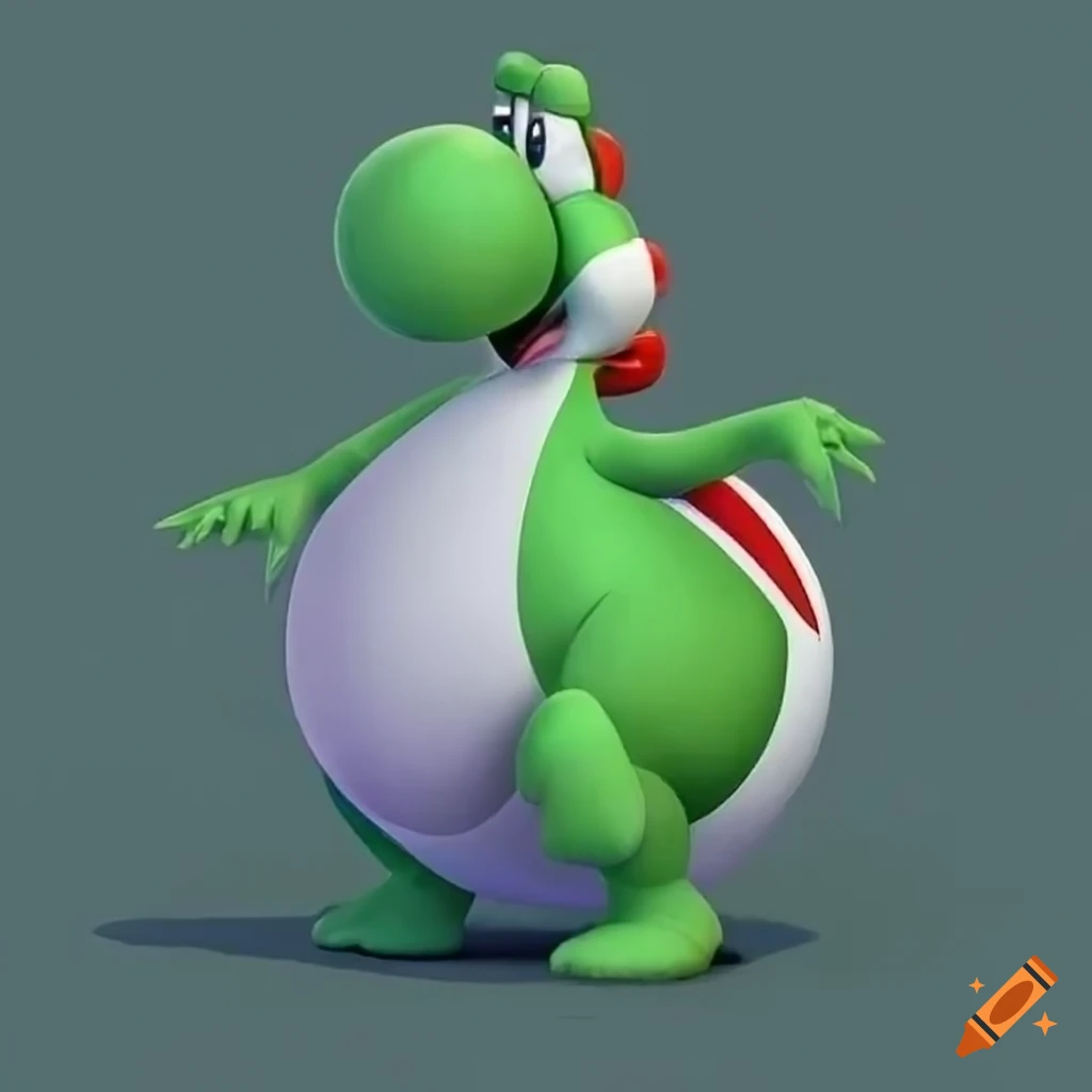 Green yoshi from super mario bros with a comedic oversized belly on Craiyon