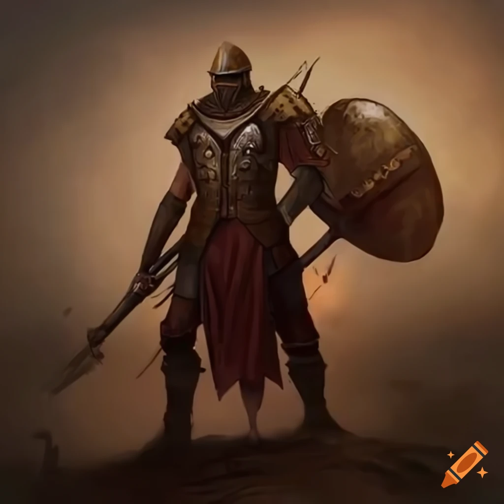 Armored ancient mercenary preparing for war in the desert on Craiyon