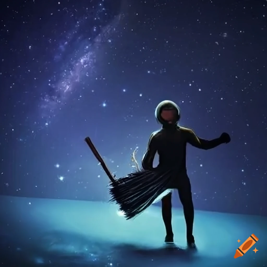 Men riding a broom in space with lots of stars on Craiyon