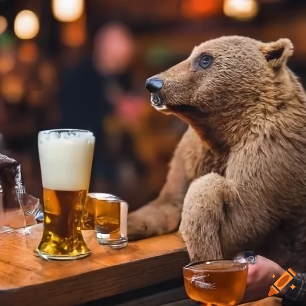 Bear enjoying a beer in a pub on Craiyon
