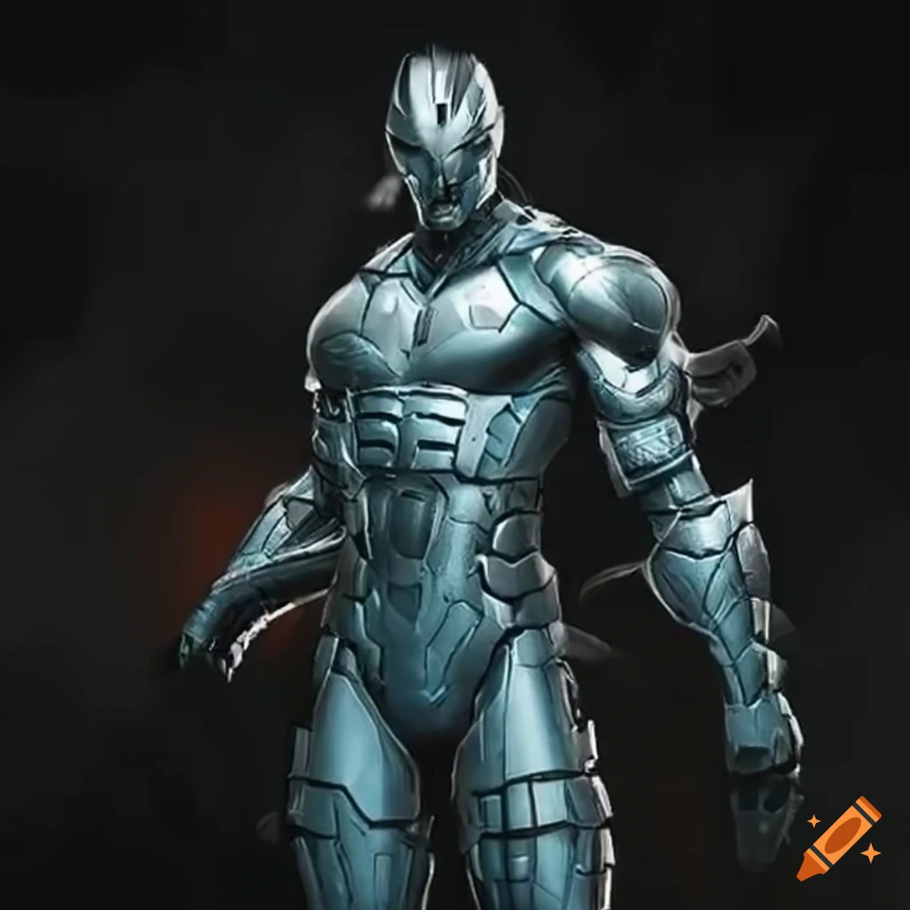 Titanium-clad superhero in battle armor stance on Craiyon