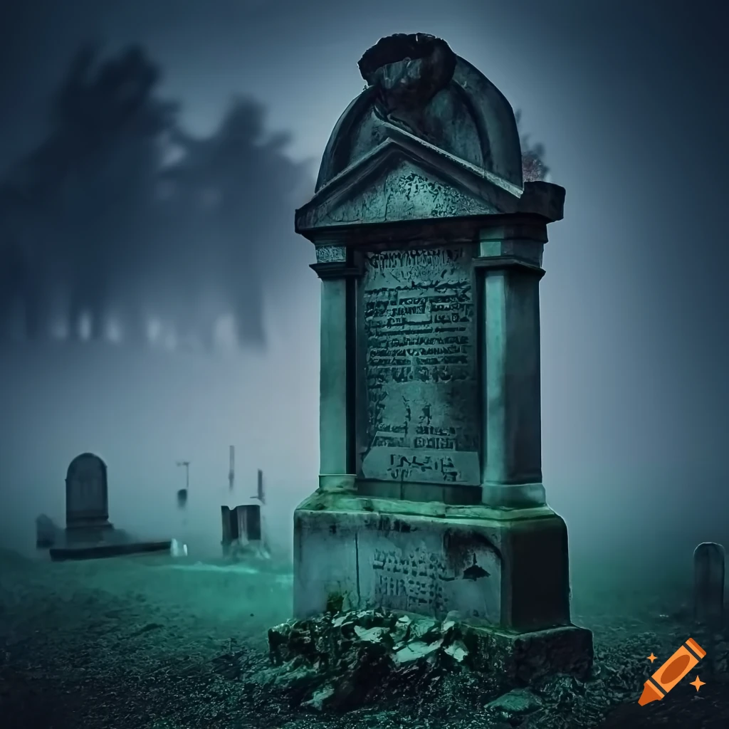 Detailed close-up of a tombstone in a gloomy cemetery at night on Craiyon