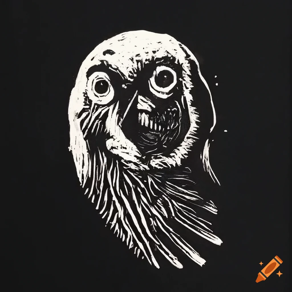 Stephen king horror bird in a linocut style on Craiyon