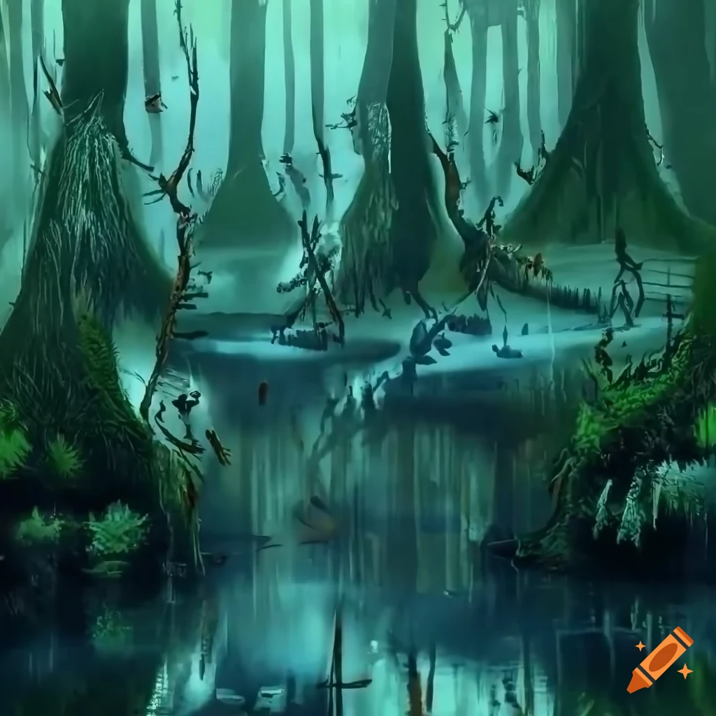 Detailed image of a haunted swamp in a dark and foggy jungle setting on ...