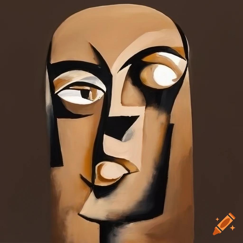 Modern cubism painting with three faces in black, beige, and brown ...