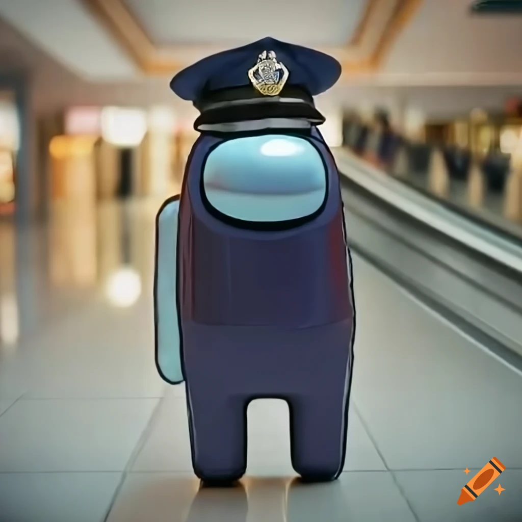 Red Among Us crewmate in a police outfit on an escalator in a mall on ...