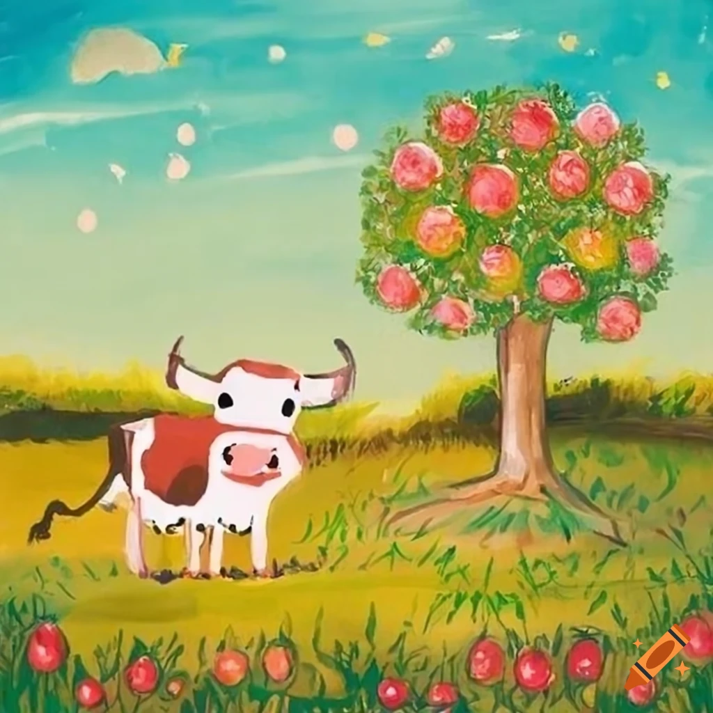 Field with cows and apple trees in child crayon style on Craiyon