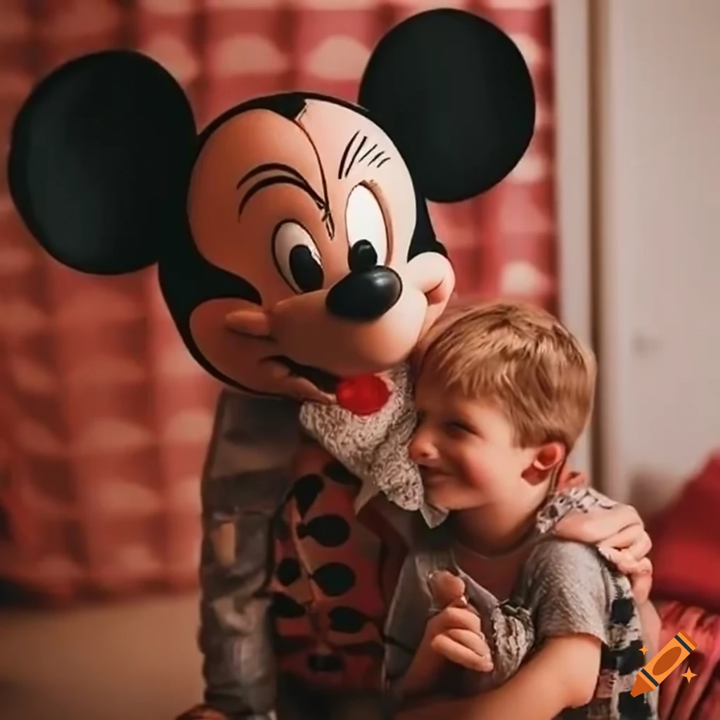 Strong minnie mouse setting a boy in a cozy corner and hugging him on ...