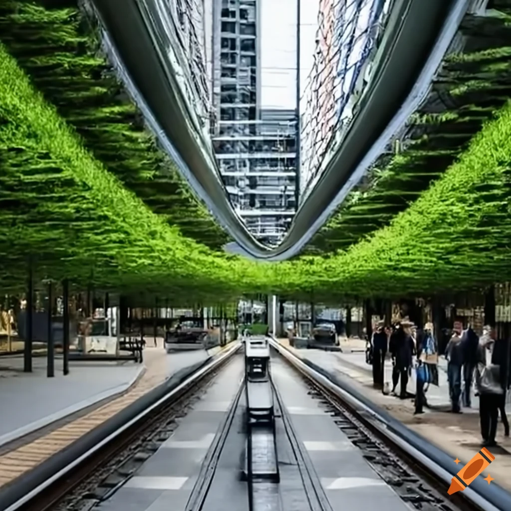 Green spaces at transit hubs in a modern public transport system on Craiyon