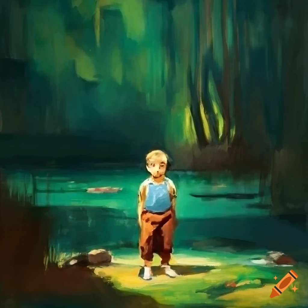 Scared boy in overalls gazing at a pond in the style of edward hopper ...