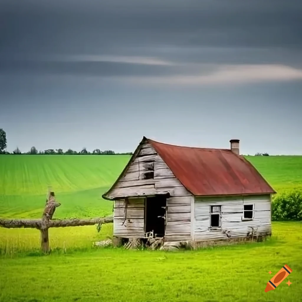 Quaint rural homestead surrounded by green fields and farm animals on ...