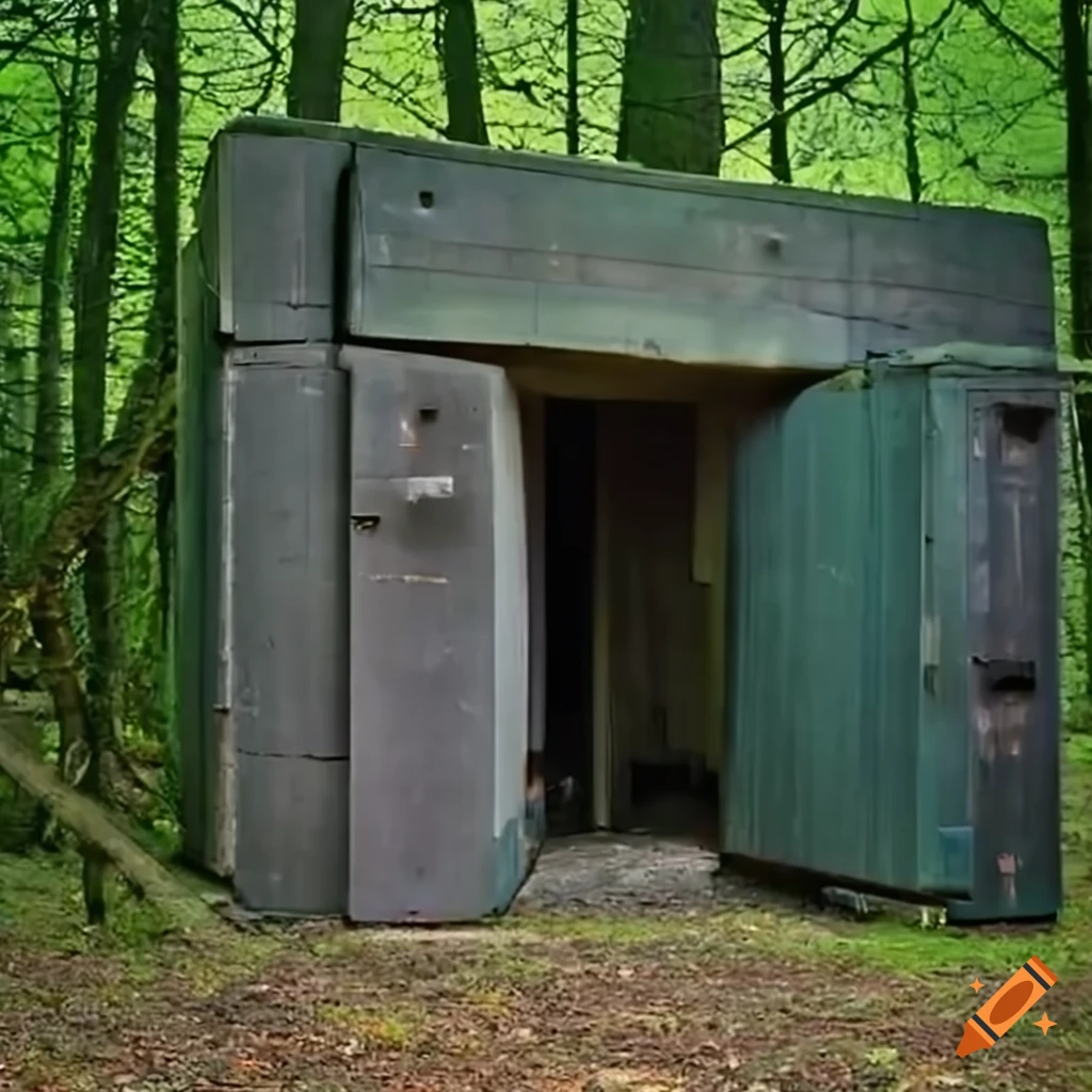 Underground bunker with metal doors in a forest setting on Craiyon