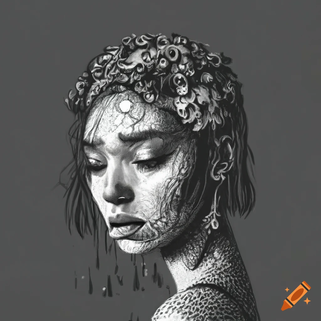 Moon with crying eyes in scratchboard illustration style on Craiyon