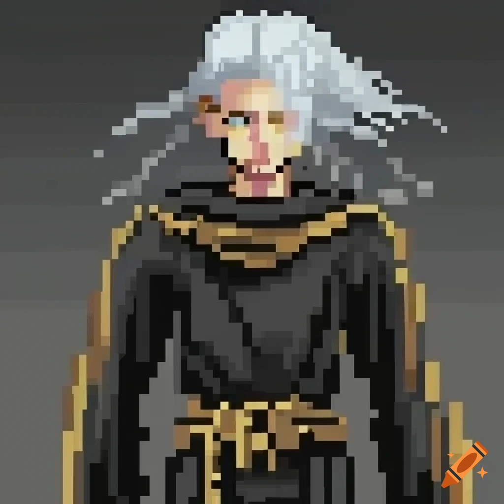 Pixel art of a handsome elfish man in black robes on Craiyon