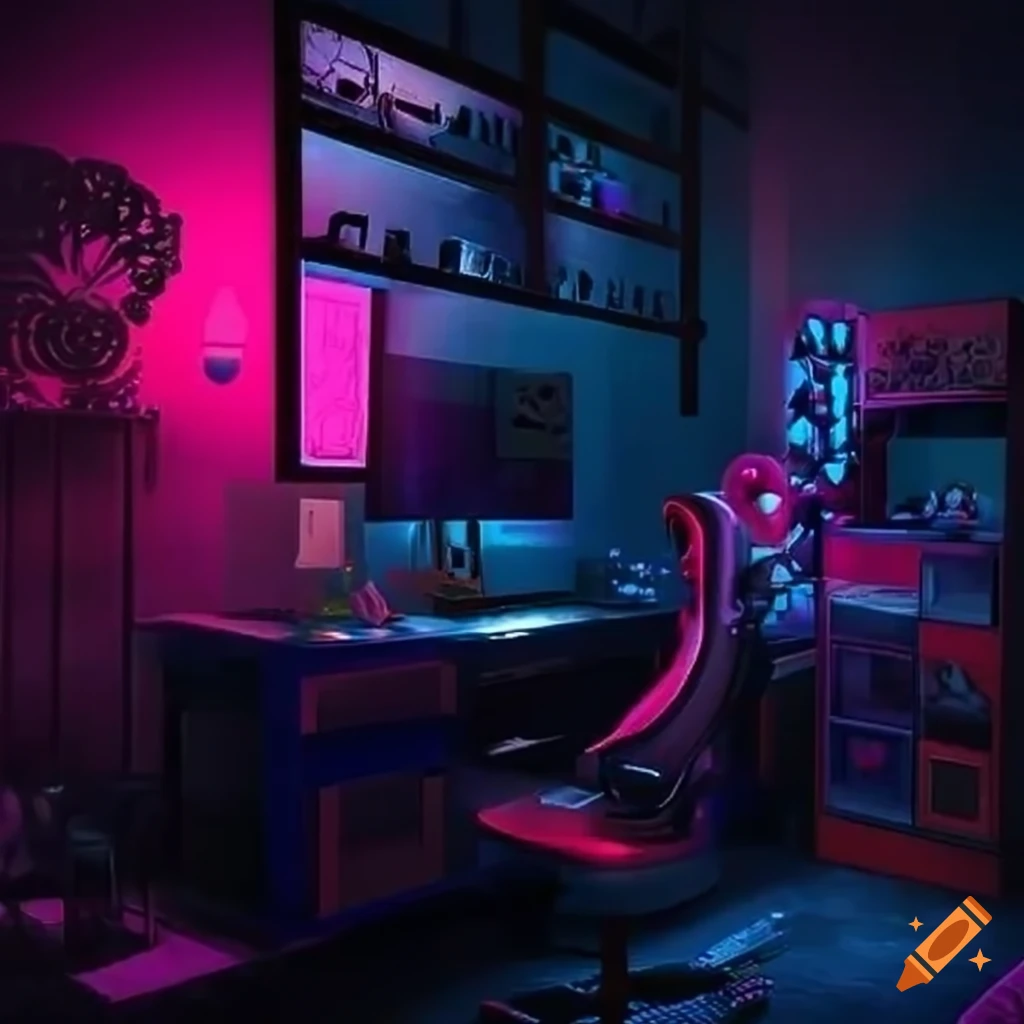 Gamer room setup with multiple screens and gaming equipment on Craiyon