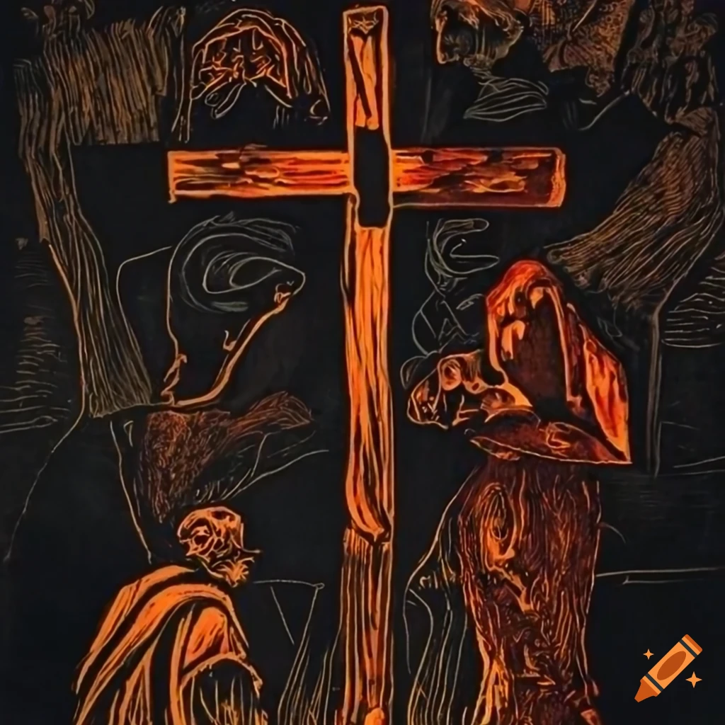 Stations of the cross linocut with skeleton on Craiyon