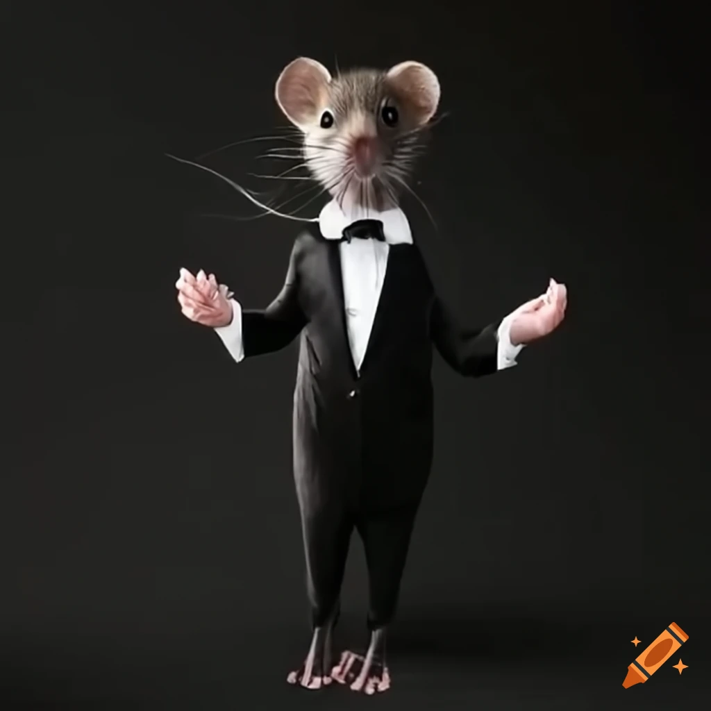 Mouse in a tuxedo with arms out in a shrugging pose on Craiyon