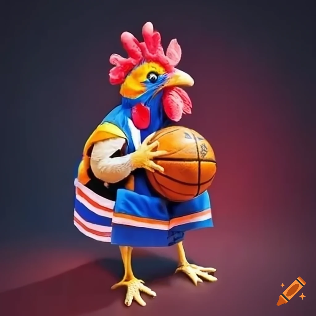 Quirky chicken in a basketball jersey with 'tendies' written on it on ...