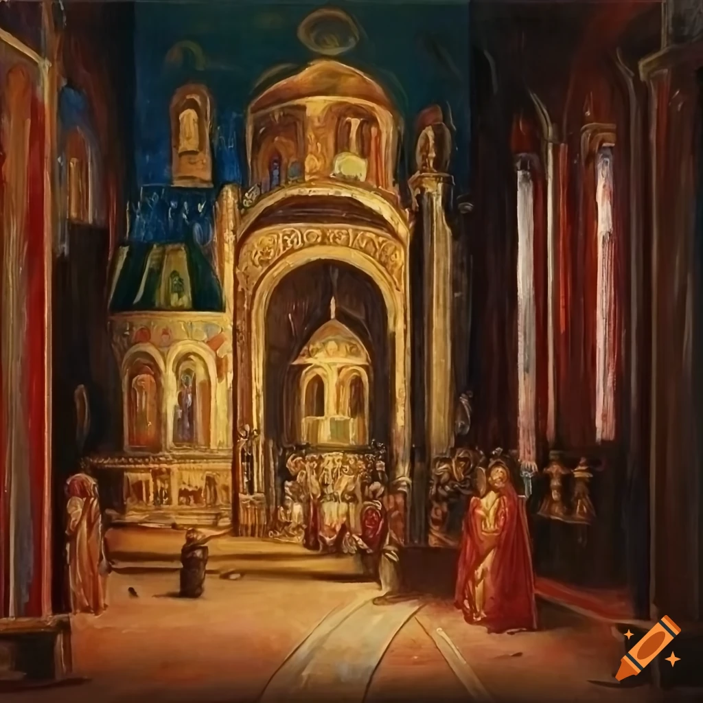 Renaissance oil painting of the interior of a russian orthodox church ...