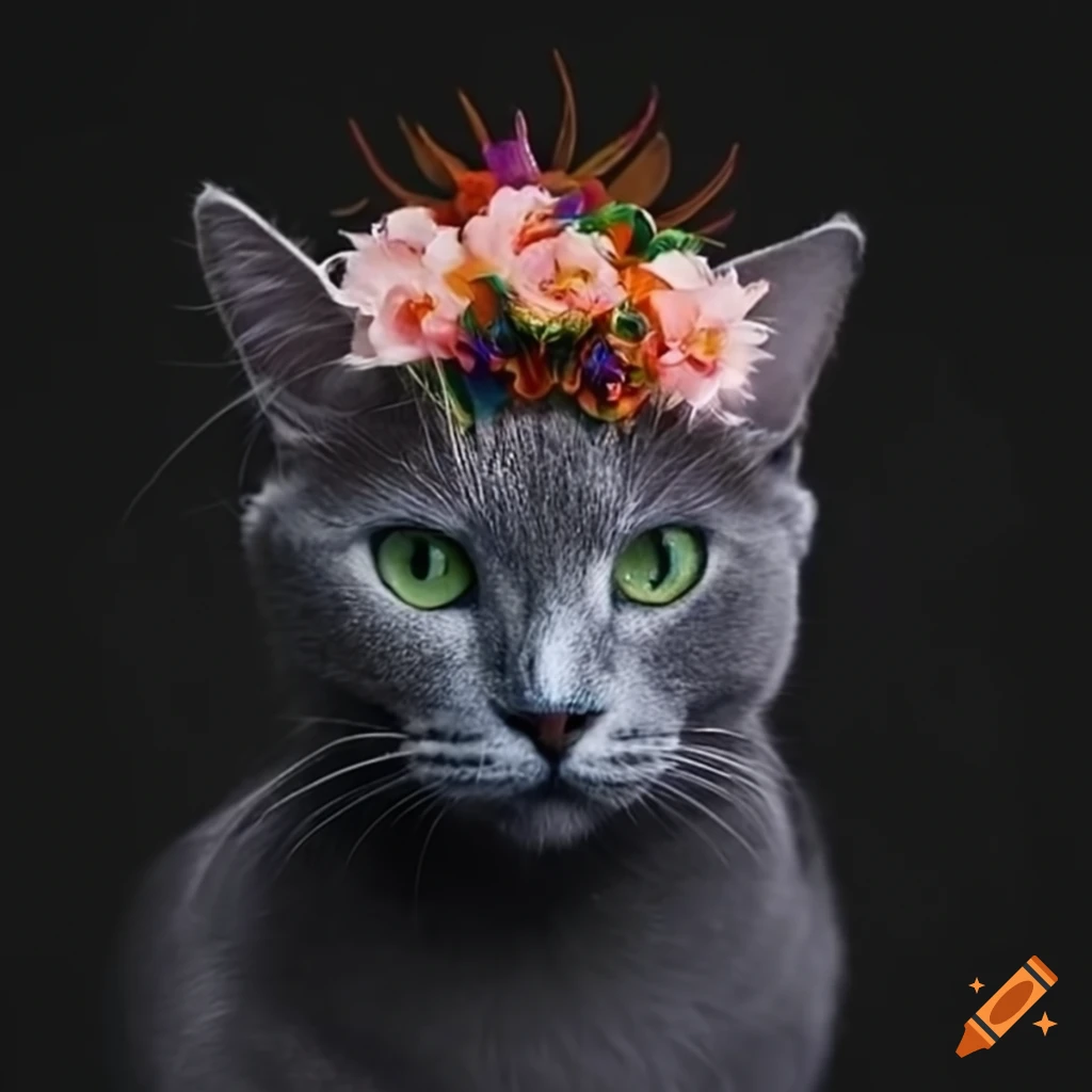 Russian blue cat wearing a flower crown on Craiyon